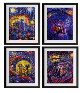 uhomate 4 pcs jack sally jack and sally nightmare before christmas vincent van gogh starry night posters wall art wall decor bedroom bathroom artwork m038 (8x10)