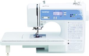 brother xr9550 sewing and quilting machine, computerized, 165 built-in stitches, lcd display, wide table, 8 included presser feet - white