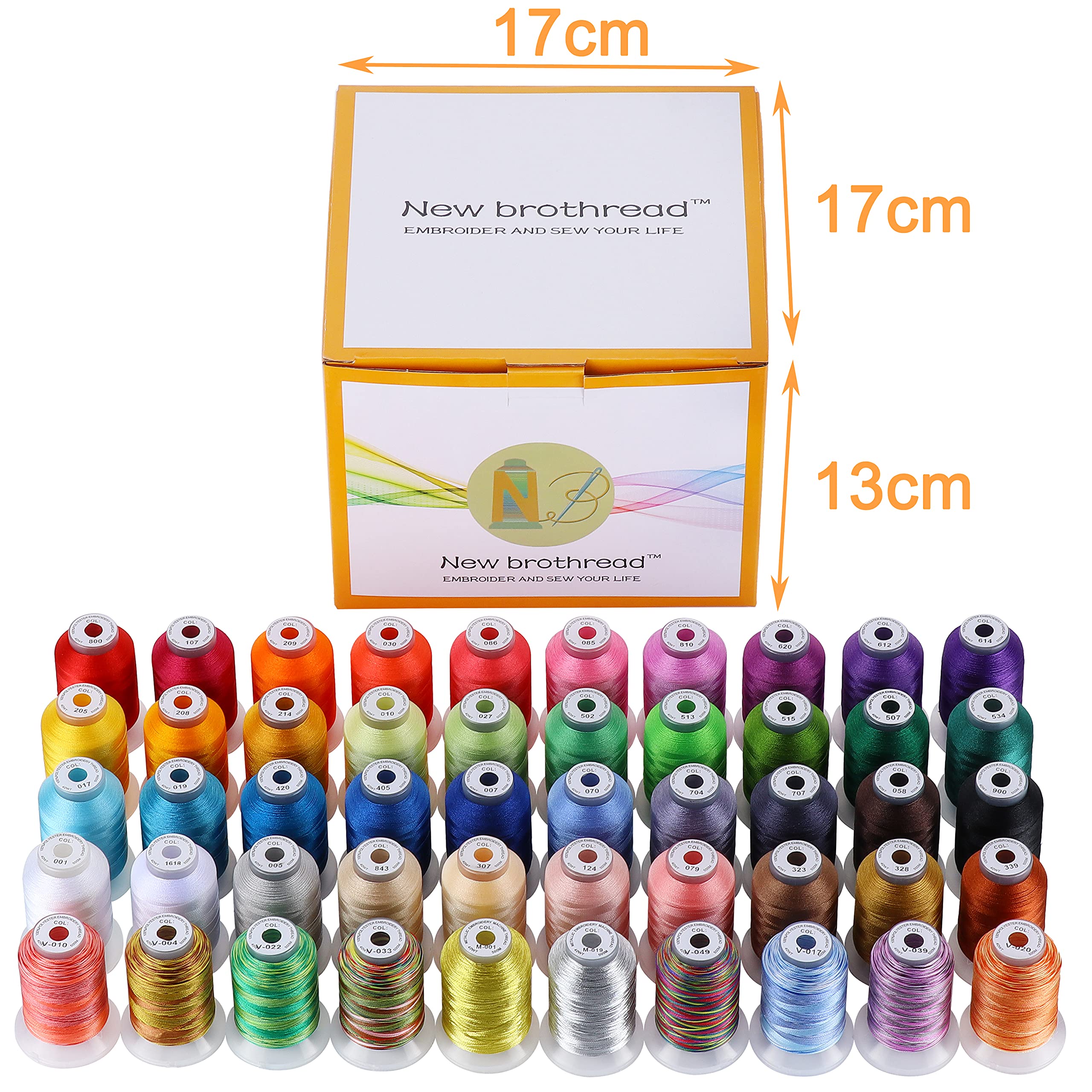 New brothread 50 Spools Embroidery Machine Thread Kit Including 40 Brother Colors+8 Variegated Colors+2 Metallic Colors for Brother Janome Singer Pfaff Husqvarna Embroidery Sewing Machines