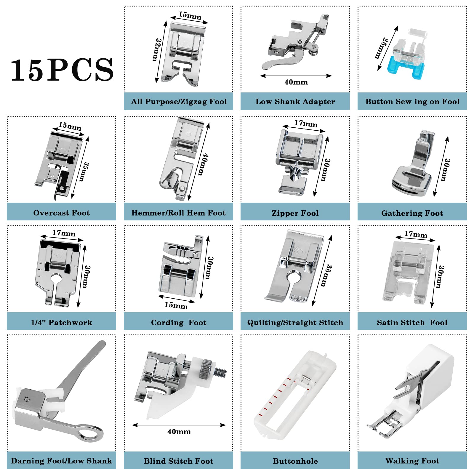 Universal 15 Piece Sewing Machine Presser Walking Feet Kit - OEM Suitable for Babylock Janome Brother New Home Singer Kenmore Simplicity Toyota Necchi