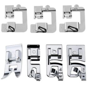 7pcs sewing presser foot kit includes 6pcs rolled hem presser foot and 1pcs universal general purpose zig zag foot for most low shank snap-on singer, brother, babylock, janome sewing machines