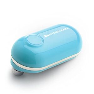 kitchen mama mini electric can opener smooth edge: open cans with a simple press of button - ultra-compact, space saver, portable, hands free, food-safe, battery operated (blue)