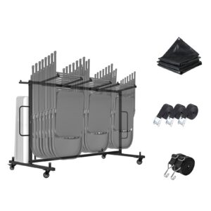 folding table and chair cart, folding chair and table storage rack with 400lbs capacity for 42 folding chairs heavy metal folding chair dolly holder rack with rubber locking wheels,straps and cover