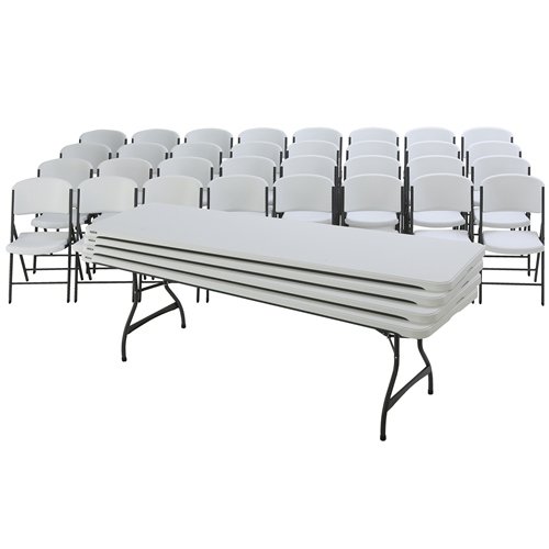 Lifetime 4 8-Foot Nesting Tables with 32 Folding Chairs - White Granite