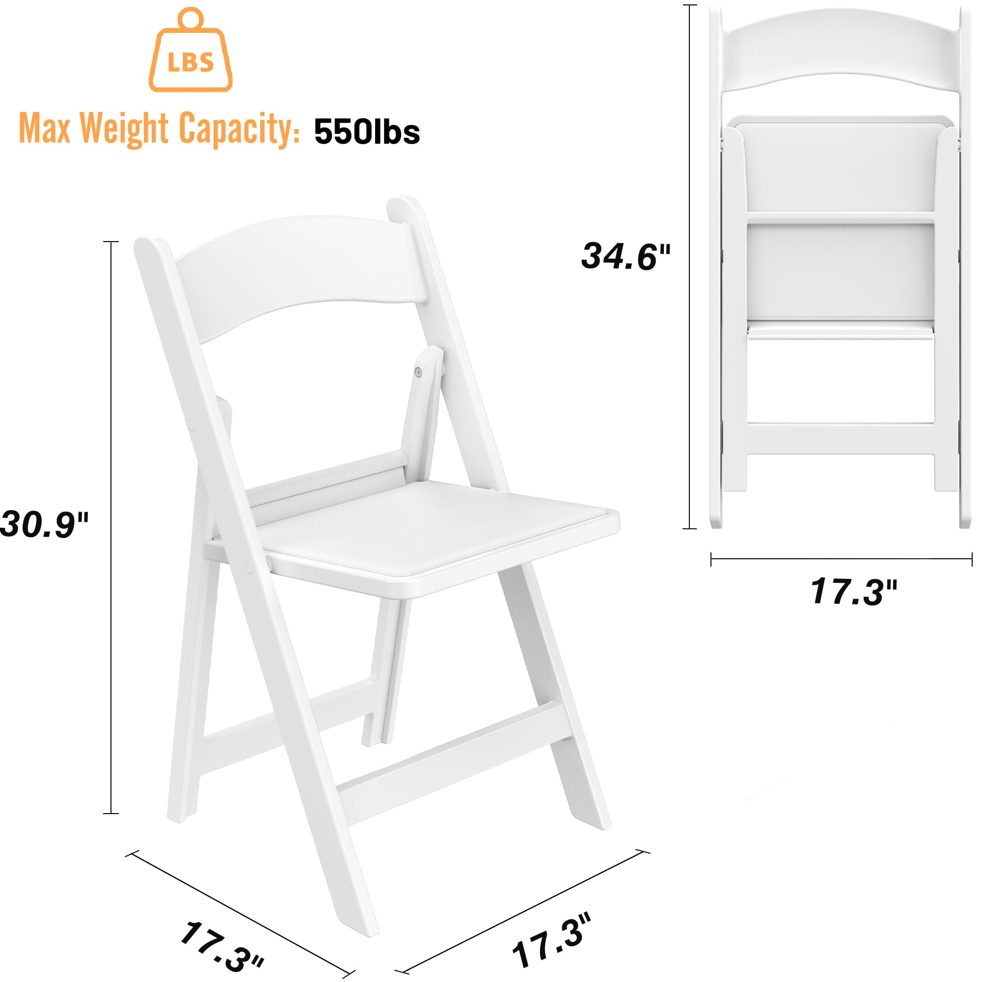 Allpop 4 Pack Resin Folding Chair with Vinyl Padded Seat, 550LB Capacity, Commercial Chair Set for Party Wedding Picnic Events, White