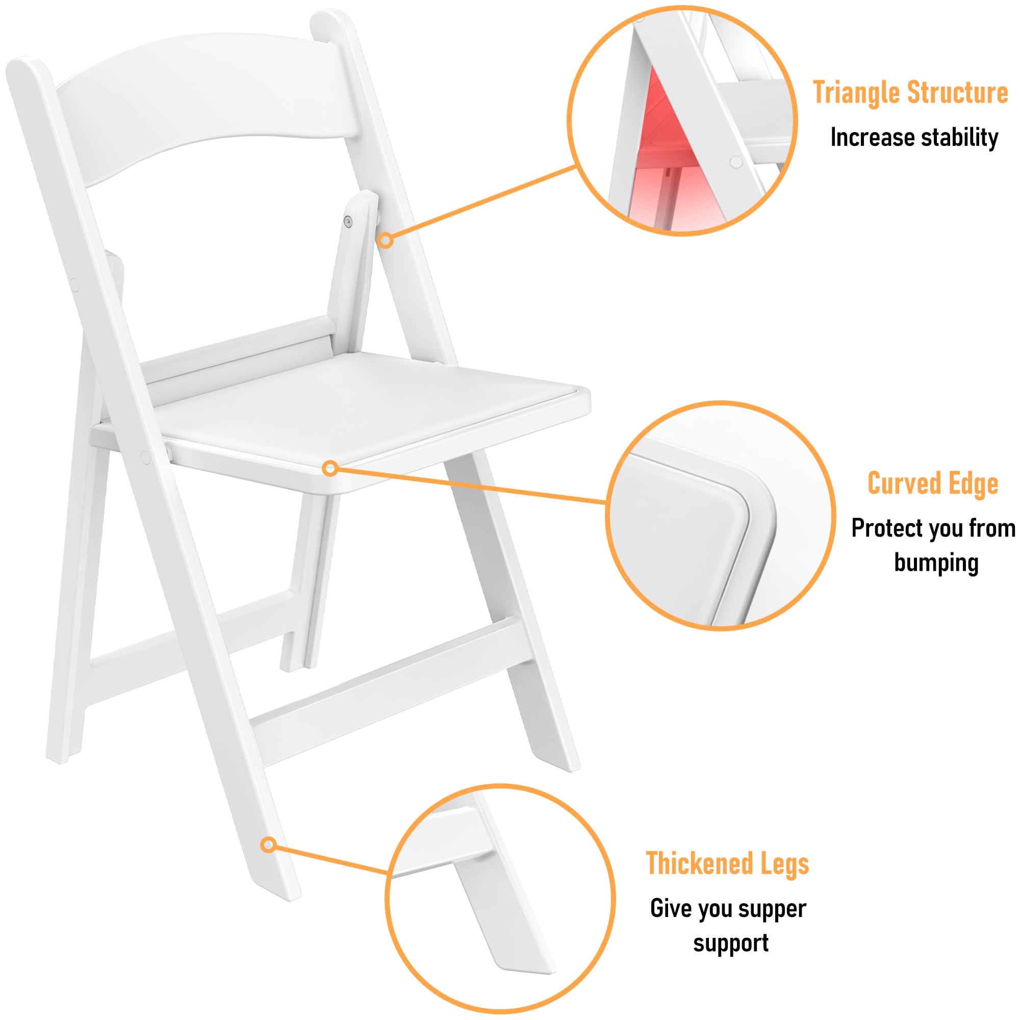 Allpop 4 Pack Resin Folding Chair with Vinyl Padded Seat, 550LB Capacity, Commercial Chair Set for Party Wedding Picnic Events, White