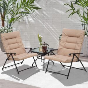 suncrown 3-piece outdoor furniture patio padded folding chair set patio bistro set foldable adjustable reclining lounge chair with coffee table, khaki