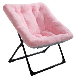 well-strong folding living room chair, faux fur foldable bedroom chair, oversized saucer chair, comfy chair with metal frame, cozy furry padded chair for home, bedroom, living room pink