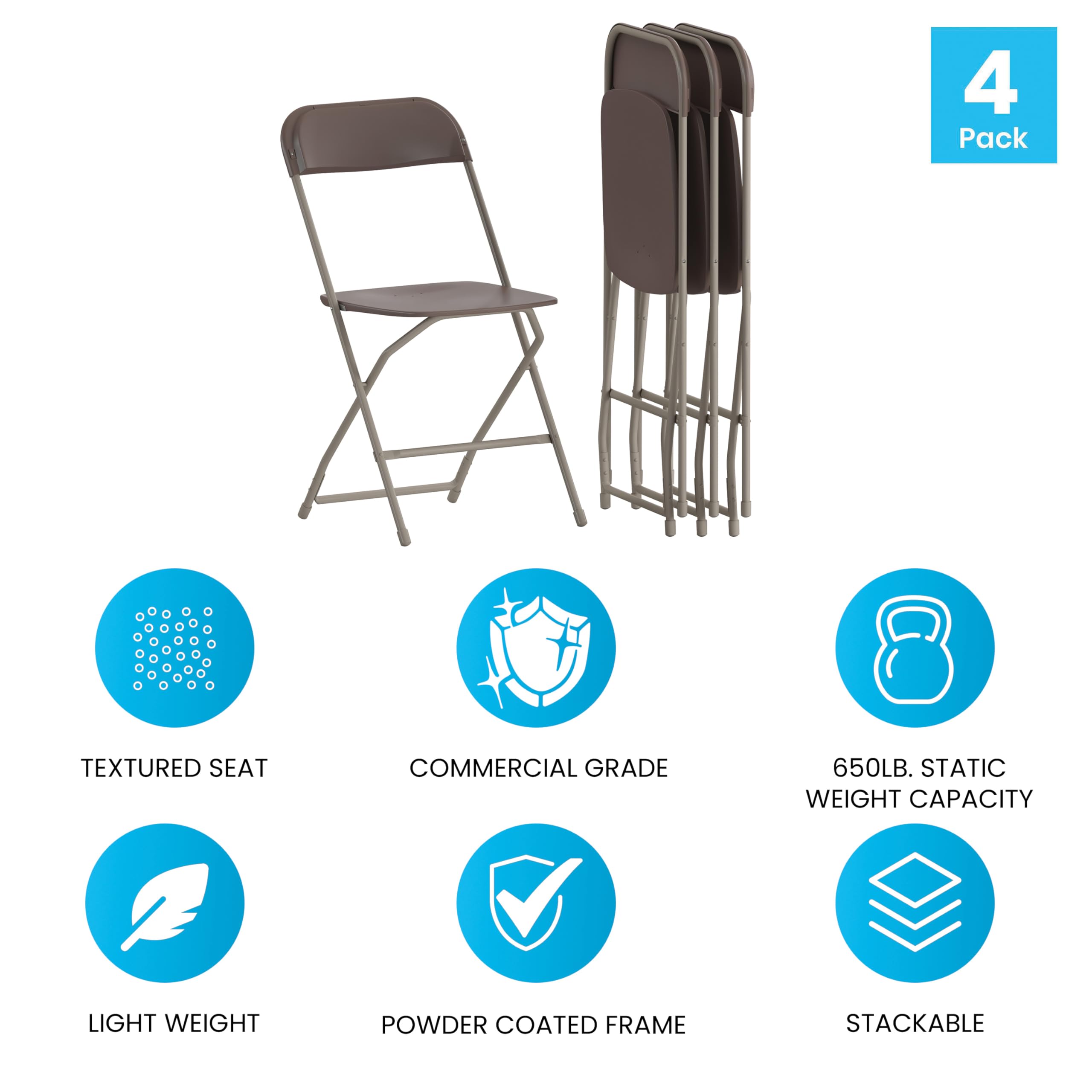 EMMA + OLIVER Folding Chair - Brown Plastic - 4 Pack 650LB Weight Capacity Comfortable Event Chair - Lightweight Folding Chair