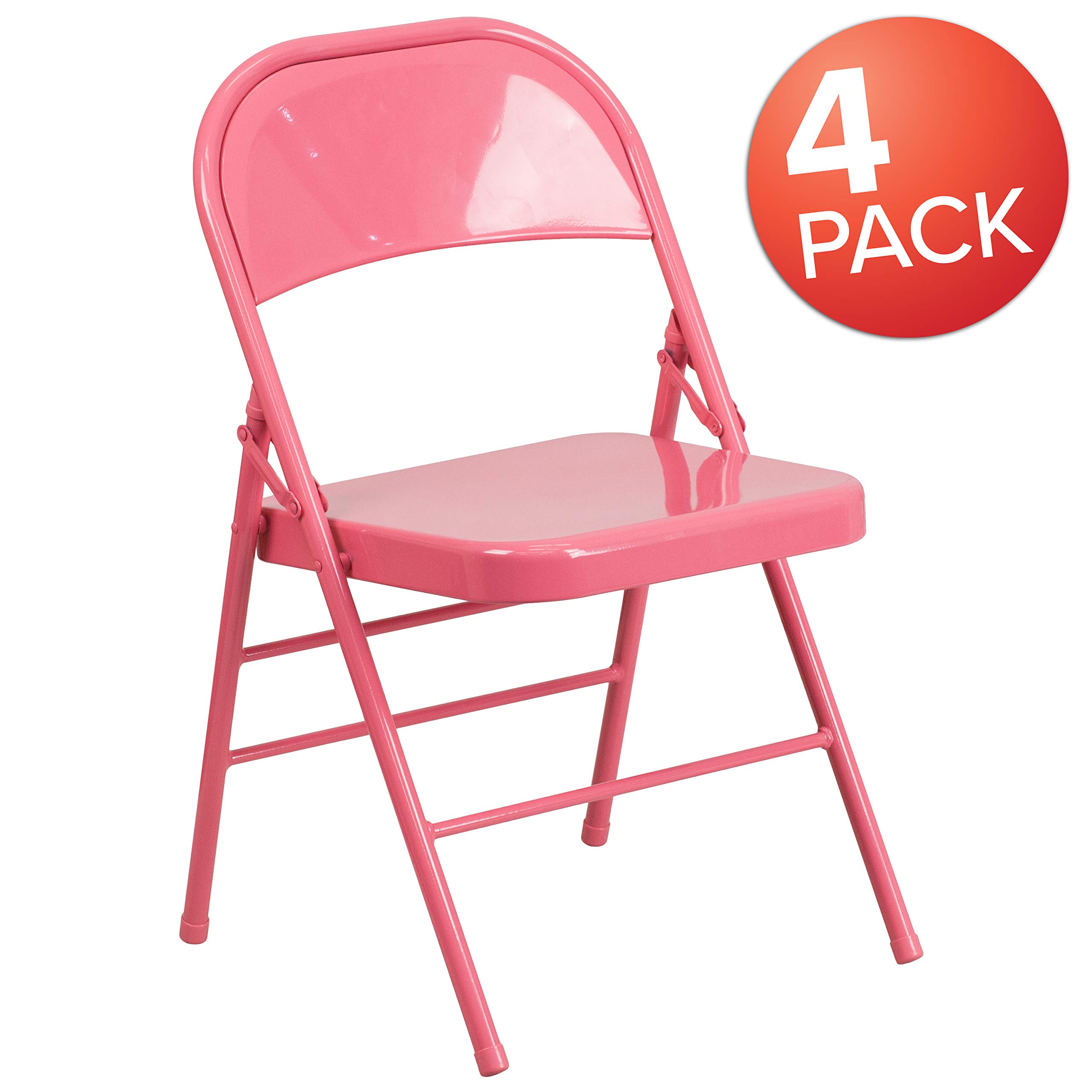 EMMA + OLIVER 4 Pack Colorful Bubblegum Pink Triple Braced Metal Folding Chair