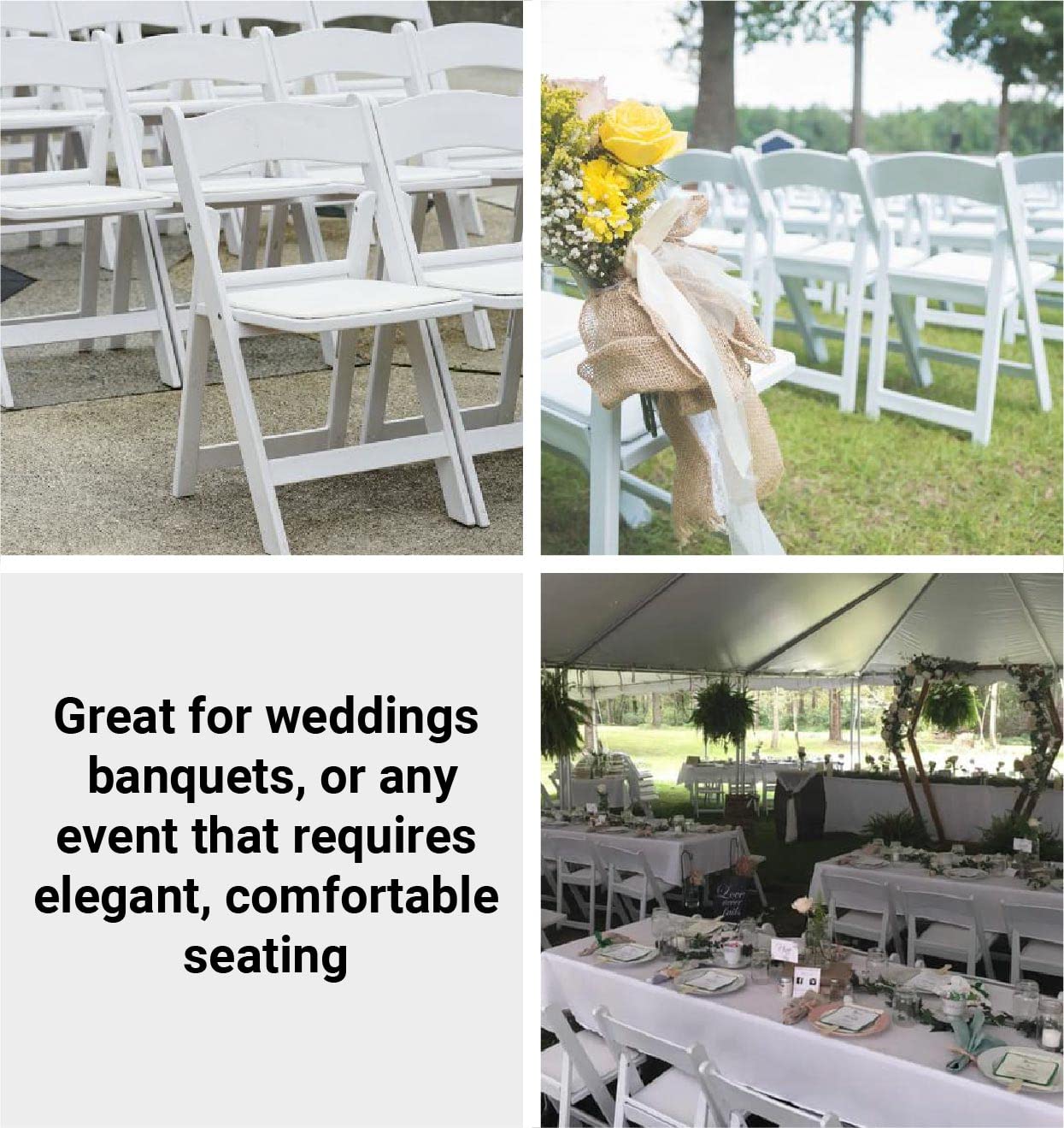 TentandTable White Resin Stackable Folding Chairs | 4 Pack | Heavy Duty | 300-Pound Capacity | for Banquets, Weddings, and Events