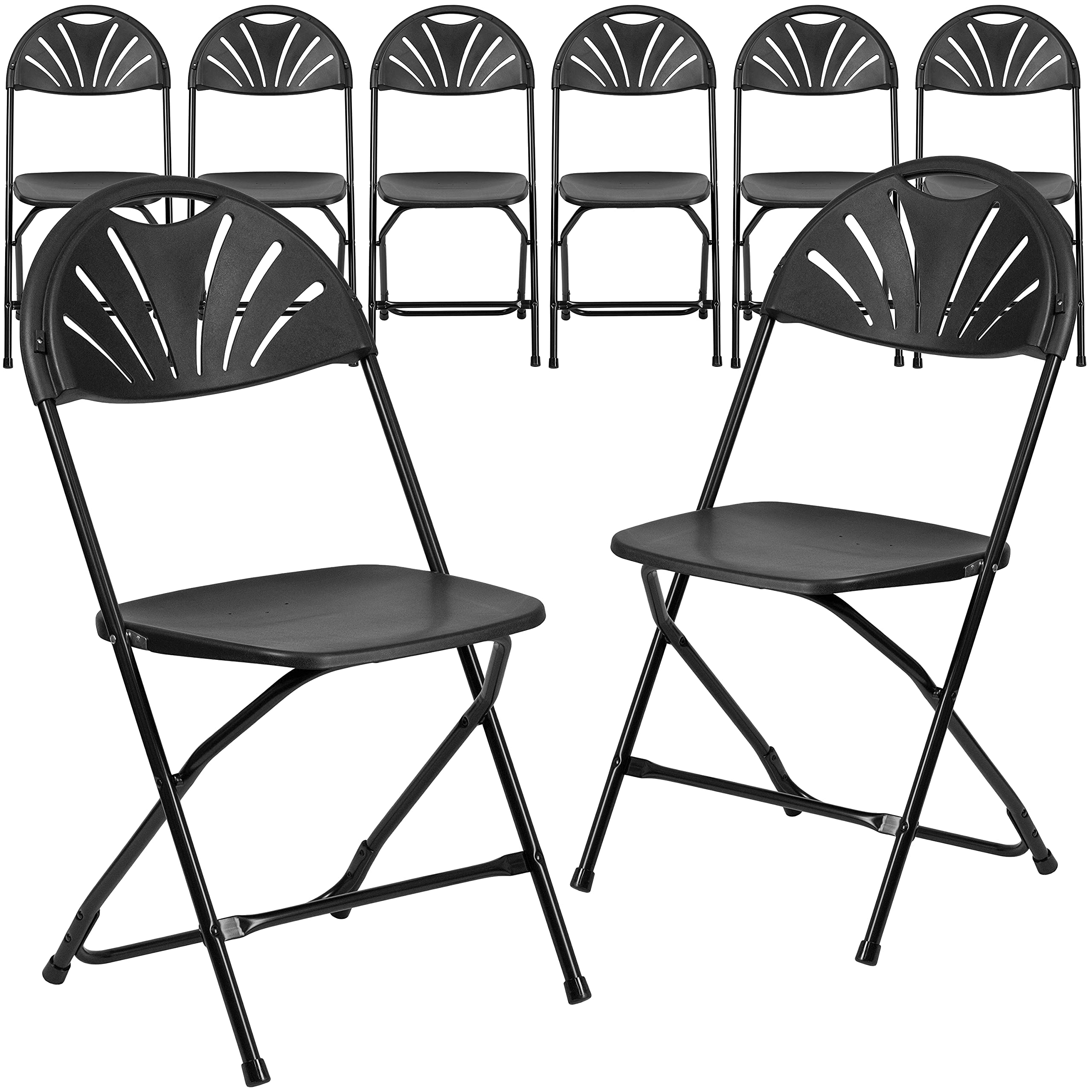 EMMA + OLIVER 8 Pack 650 lb. Capacity Black Plastic Fan Back Folding Chair