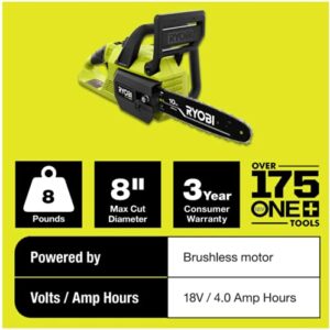 Ryobi ONE+ 10 in. HP 18V Brushless Lithium-Ion Electric Cordless Battery Chainsaw - 4.0 Ah Battery and Charger Included