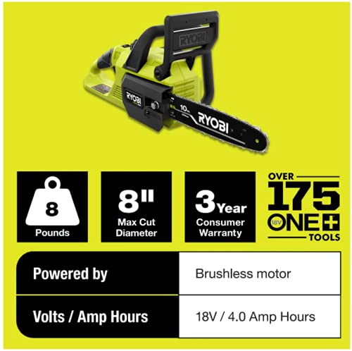 Ryobi ONE+ 10 in. HP 18V Brushless Lithium-Ion Electric Cordless Battery Chainsaw - 4.0 Ah Battery and Charger Included