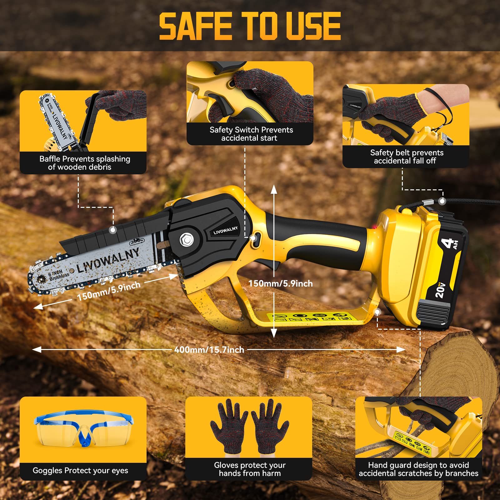 Mini chainsaw for DeWalt 20V battery: cordless electric chain saw - handheld 6 inch pruning tool（no battery）