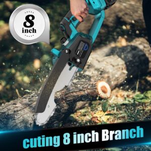 Desgmomy Mini Chainsaw Cordless 8 inch, Small Electric Handheld Chainsaw 21V Rechargeable Battery Powered for Garden Courtyard Wood Cutting Tree Trimming (2 Battery + 3 Chains + 1 Glasses)