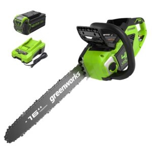 greenworks 40v 16" brushless cordless chainsaw (gen 2) (great for tree felling, limbing, pruning, and firewood / 75+ compatible tools), 4.0ah battery and charger included