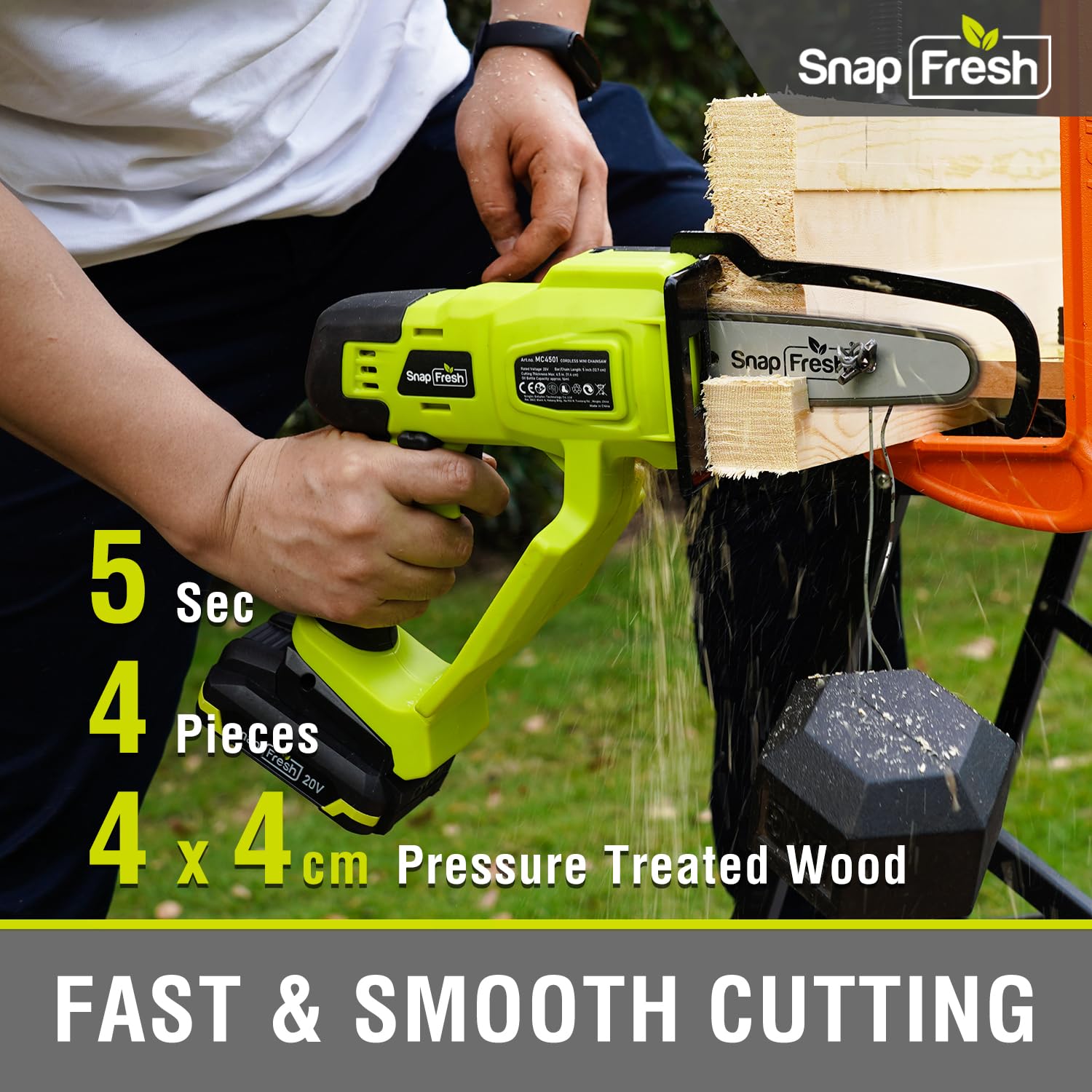 SnapFresh Mini Chainsaw Cordless, 5 Inch Electric Chain Saw Portable Handheld Chain Saw With 2.0Ah Battery & Fast Charger, Security Lock, for Tree Branches, Courtyard Garden