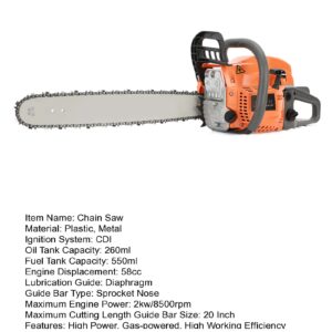 Gas Chainsaw 58CC Power Chain Saw 20 Inch Guide Board Chain Saws Handheld Cordless Petrol Chain Saws for Trees Gas Powered Farm, Ranch & Garden Tools (Orange)