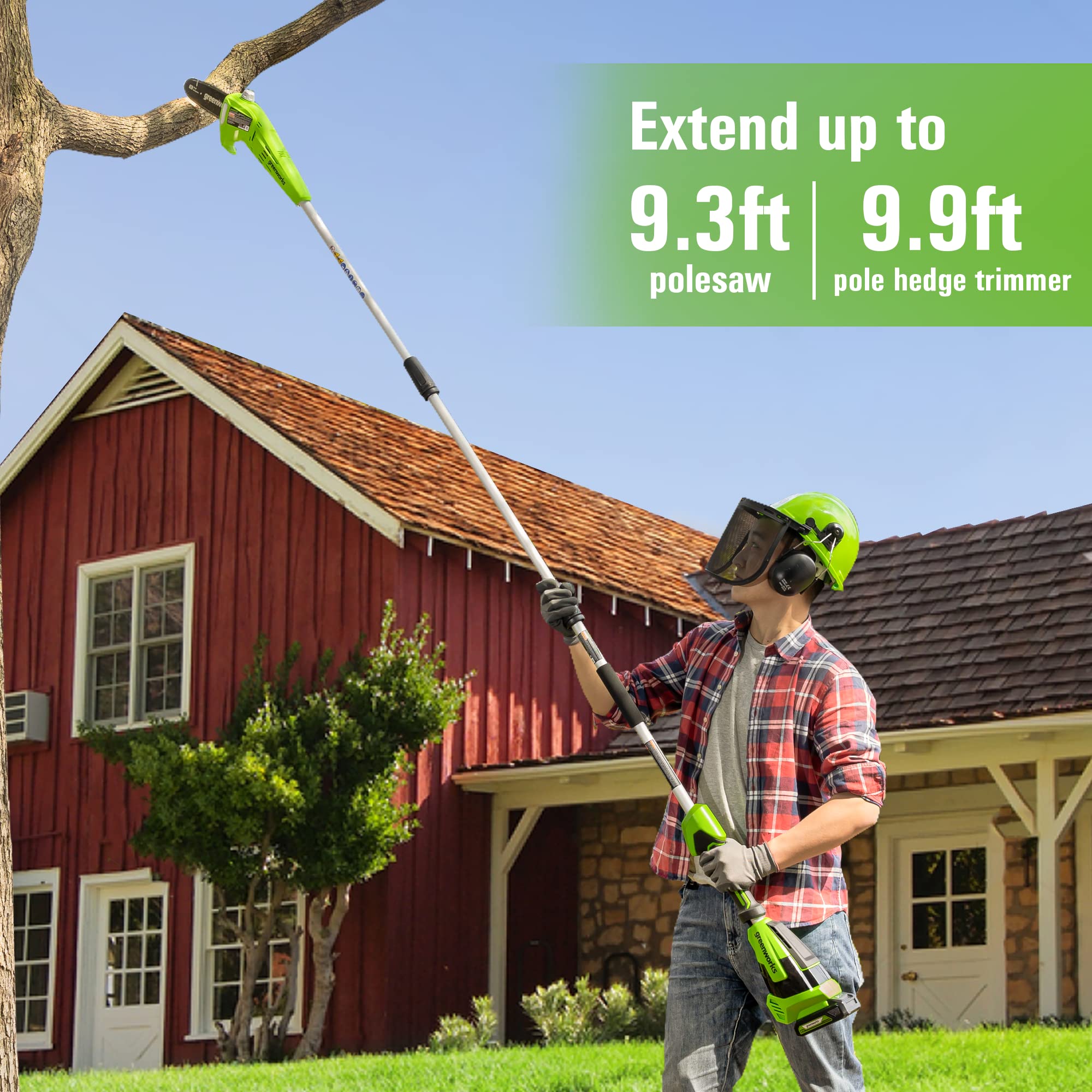 Greenworks 24V 8" Cordless Polesaw + 20" Pole Hedge Trimmer Combo (Great For Pruning and Trimming Branches / Shrubs), 2.0Ah Battery and Charger Included