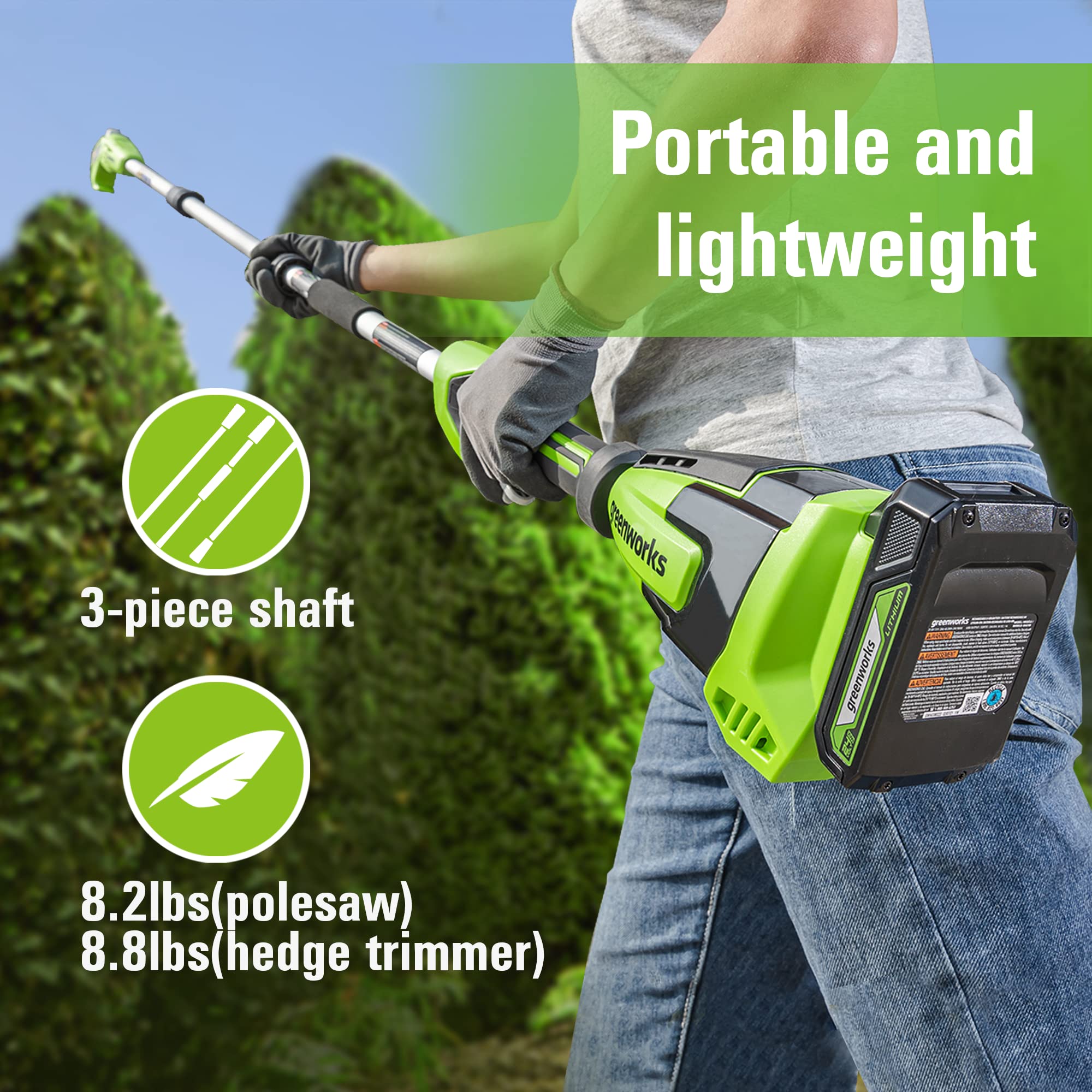 Greenworks 24V 8" Cordless Polesaw + 20" Pole Hedge Trimmer Combo (Great For Pruning and Trimming Branches / Shrubs), 2.0Ah Battery and Charger Included