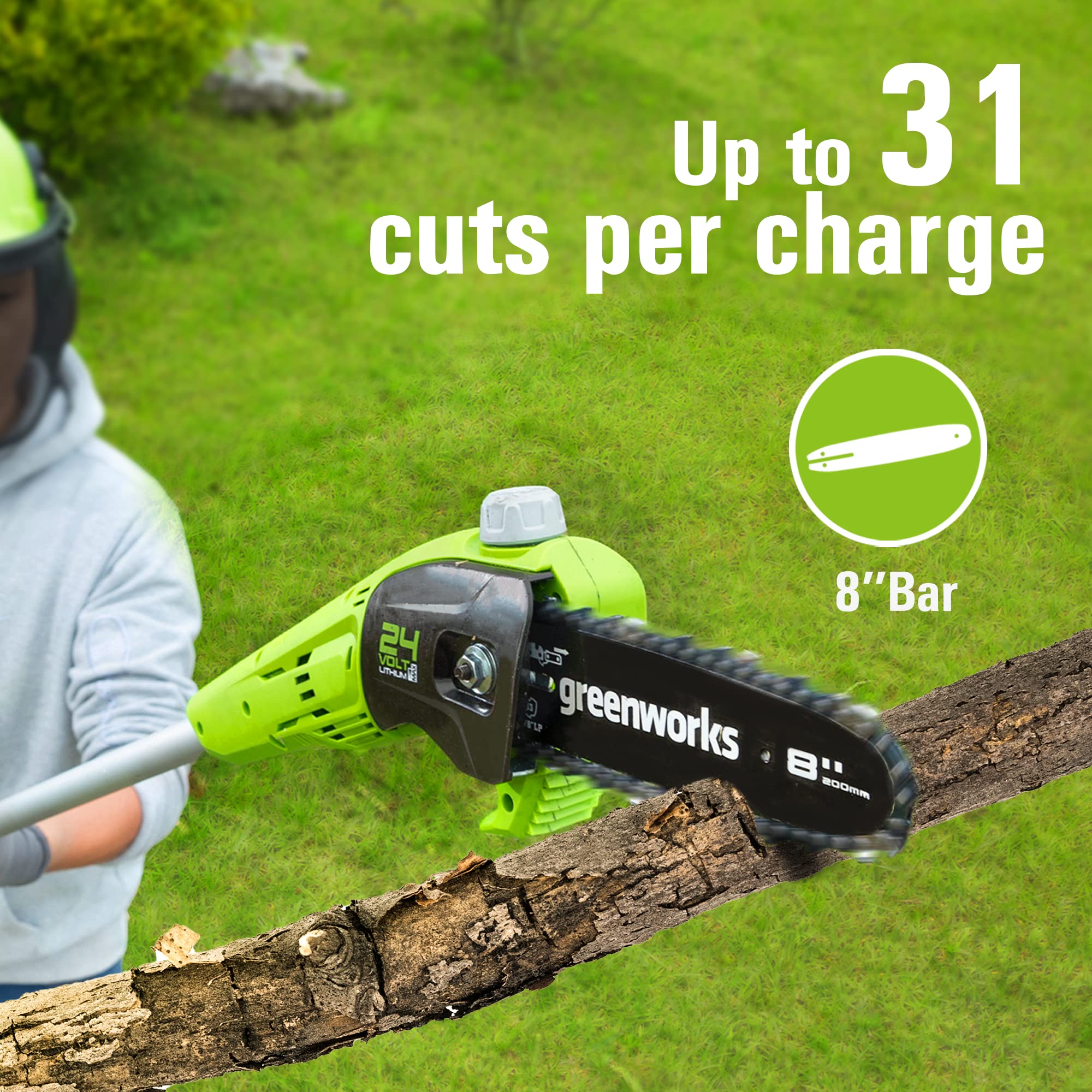 Greenworks 24V 8" Cordless Polesaw + 20" Pole Hedge Trimmer Combo (Great For Pruning and Trimming Branches / Shrubs), 2.0Ah Battery and Charger Included