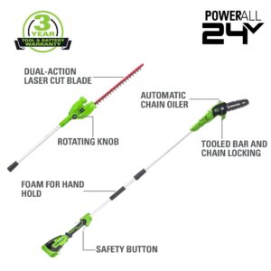 Greenworks 24V 8" Cordless Polesaw + 20" Pole Hedge Trimmer Combo (Great For Pruning and Trimming Branches / Shrubs), 2.0Ah Battery and Charger Included