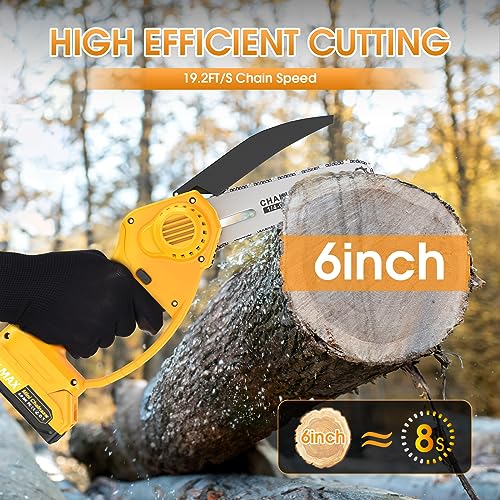 Anttctig Mini Chainsaw, 6 Inch Portable Electric Chainsaw, Lightweight Battery Powered Small Handheld Cordless Chain Saw for Trees Branches Trimming Wood Cutting, with 2 Batteries & 2 Chains