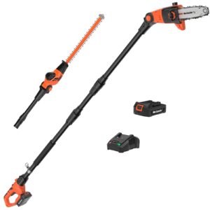 pole saw 8-inch cordless pole saws for tree trimming and 18-inch pole hedge trimmer 2-in-1, 15-feet max reach, 16ft/s speed, auto oiling pole chainsaw with 20v 2.0ah battery & charger