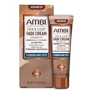 ambi even & clear advanced fade cream, hydroquinone-free, hyperpigmentation treatment, stubborn dark spot corrector, results in as little as 2-3 weeks, niacinamide, licorice root extract, pha, 1 fl oz