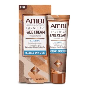 ambi even & clear fade cream, hydroquinone-free, hyperpigmentation treatment, dark spot corrector, results in as little as 4 weeks, niacinamide, aloe vera, vitamin c, 1 fl oz