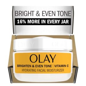 olay bright & even vitamin c with lactic acid face moisturizer, 2 oz lightweight brightening face cream for uneven skin tone, recyclable eco jar packaging, value size