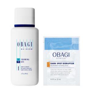 obagi nu-derm foaming gel + dark spot disruptor trial size – cleanser designed to cleanse pores & remove makeup, dirt, & excess oil, 6.7 oz & serum that brightens, smooths & soothes skin, 2 ml