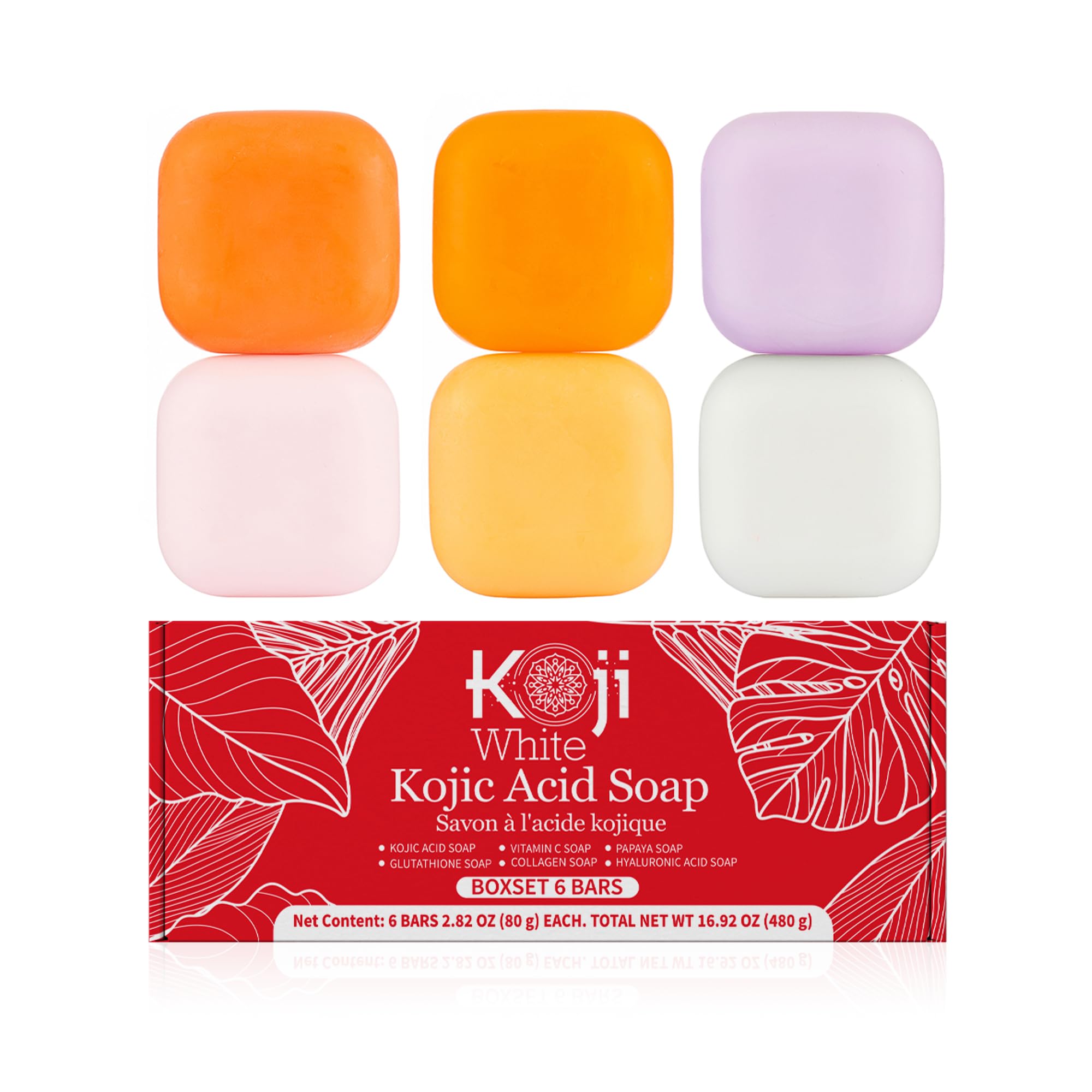 Koji White Kojic Acid Skin Brighten & Glowing Soap, Gift Set for Women with Kojic Acid, Papaya, Glutathione, Vitamin C, Collagen, Hyaluronic for Hydrating Facial & Body, Vegan Soap, 2.8 Oz (6 Bars)