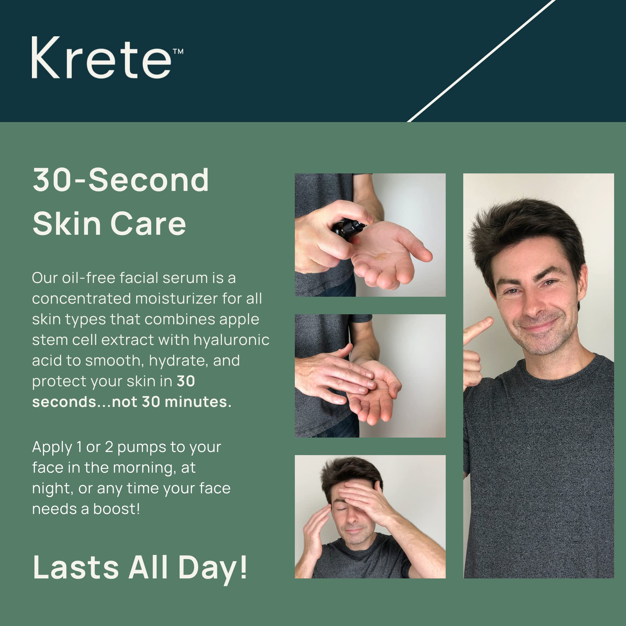 KRETE 30-Seconds Hydrating Facial Serum for Men - Helps with the Appearance of Aging, Wrinkles, Eye Bags, & Redness - Moisturize, Smooth, Hydrate, & Protect Your Skin - Oil-Free, All Skin Types