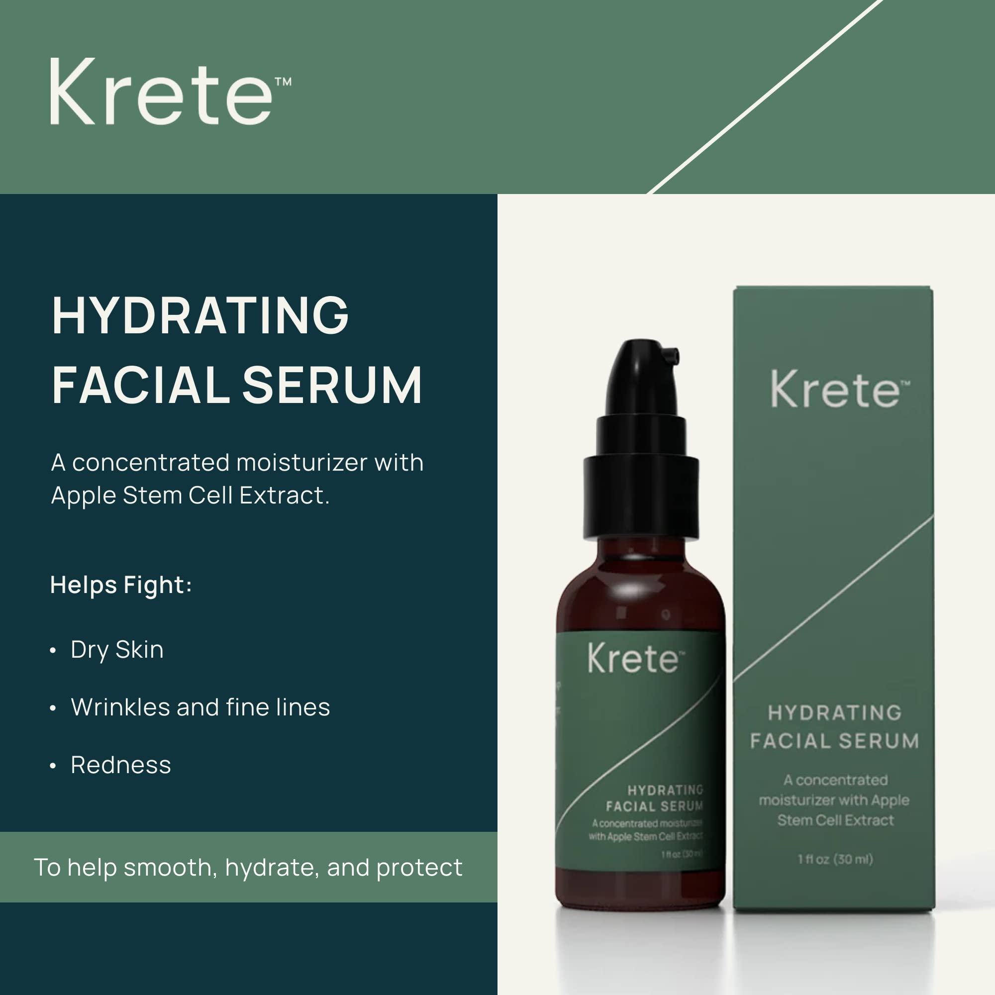 KRETE 30-Seconds Hydrating Facial Serum for Men - Helps with the Appearance of Aging, Wrinkles, Eye Bags, & Redness - Moisturize, Smooth, Hydrate, & Protect Your Skin - Oil-Free, All Skin Types