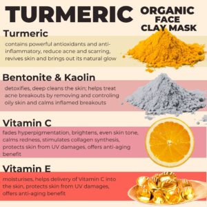 SOONKIE Turmeric face mask Vitamin C Bentonite Clay mask, Vitamin E, Skin Brightening, Skin Lightening, Dark spots lightening, anti-hyperpigmentation mask, Scar Fading & Pore refining, Skin Tone mask