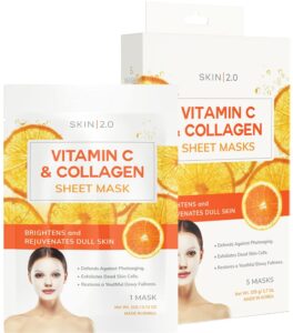 skin 2.0 vitamin c and collagen sheet face mask - dermatologist tested - prevents sun damage, reduces acne scars & wrinkles, brightening sheet mask - korean skin care - all skin types - 5 masks