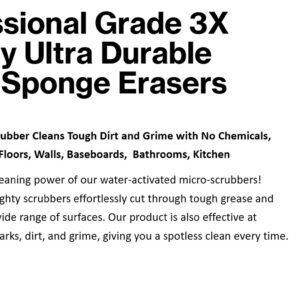 12 Pack 3X Density Ultra Durable Magic Sponge Erasers Professional Grade Multi Surface Scrubber Cleans Tough Dirt Scuffs Marks and Grime with No Chemicals Floor Wall Baseboard Bathroom Cleaner