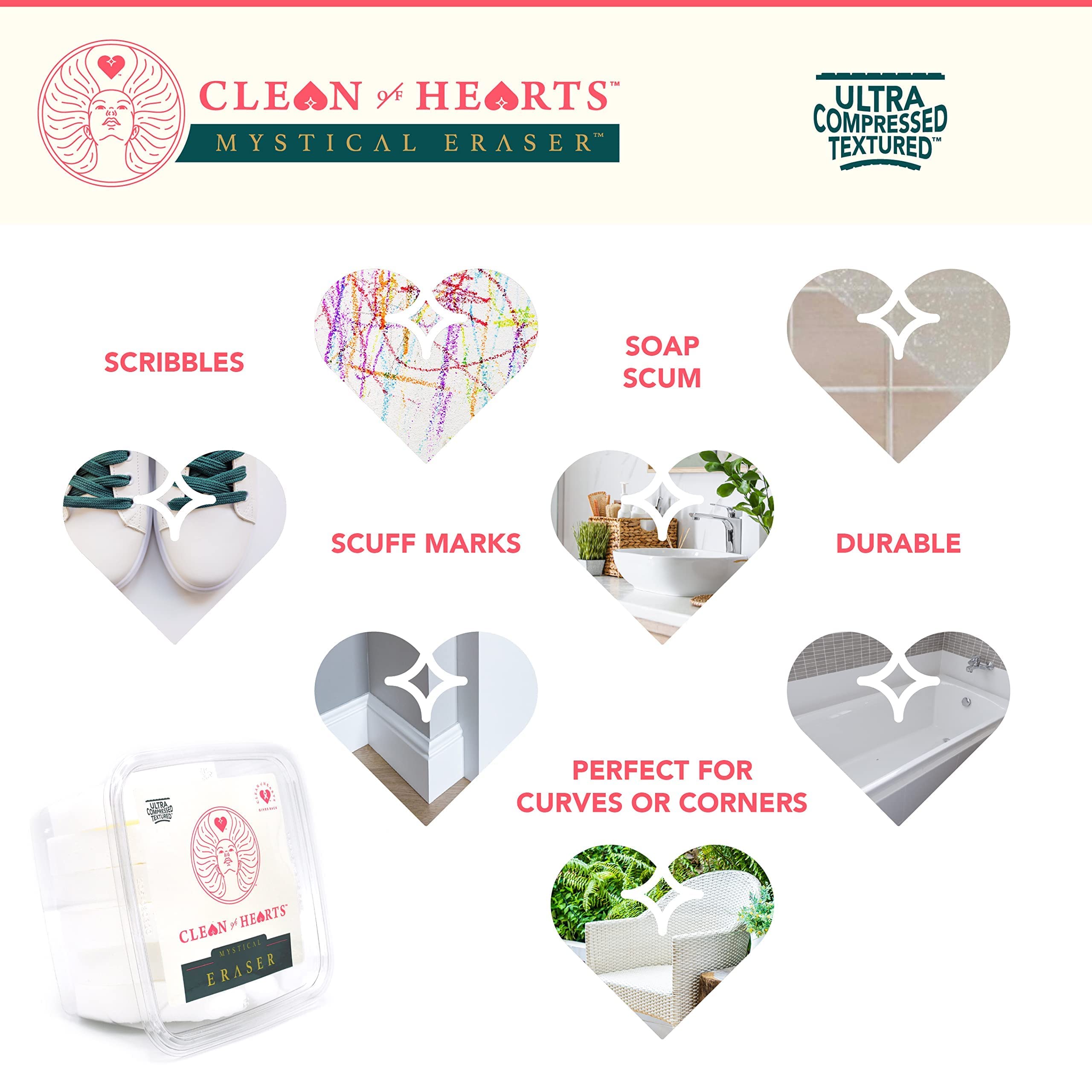 Clean Of Hearts Mystical Erase Pads for Cleaning x 8 - Ultra Compressed and Textured - Heart-Shaped White Sponges 8 Pack - Durable Floor Cleaner Pad Or Scuff Stain Remover for All Surfaces Kitchens