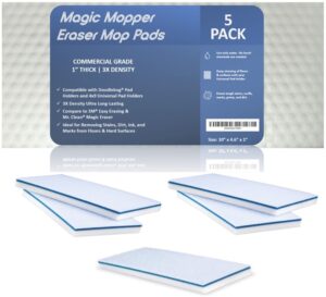 magic mopper eraser pads - 5 pack 4.5" x 10" x 1" commercial grade melamine sponges for floor, tile, grout, baseboard & walls - durable & versatile cleaning - compare to magic eraser - doodlebug pad