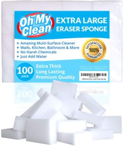 (100 pack) extra large eraser sponge - extra thick, long lasting, premium melamine sponges in bulk - multi surface power scrubber foam cleaning pads - bathtub, floor, baseboard, bathroom, wall cleaner