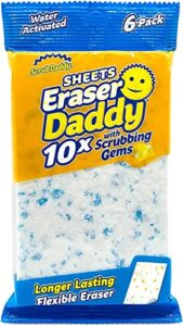 scrub daddy eraser daddy sheets - 10x more durable than traditional erasers with scrubbing gems - removes dirt, scuffs & stains - water activated sponge eraser sheets (6 pack)