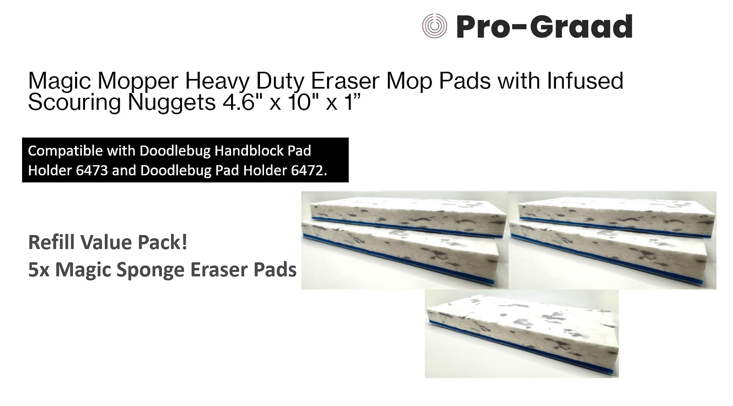 Magic Mopper 4.5" x 10" Heavy Duty Mop Floor Cleaning Eraser Pads Infused with Scouring Nuggets 10x Durability Commercial Grade Floor Baseboard Walls, Compare to Magic Eraser – Doodlebug Pad, 5 Pack