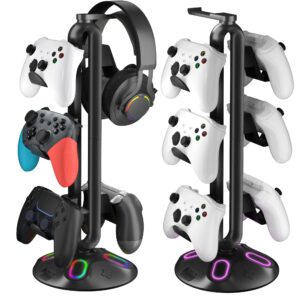 gaming rgb headphone stand,canmarin controller holder with 9 light modes - headset stand with 2 usb charging ports and 3.5mm & type-c - controller stand hanger accessories for desk and gamer(black) a