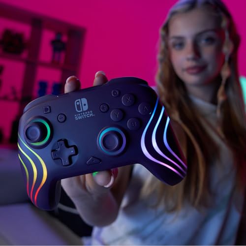 PDP Afterglow™ Wave Enhanced Wireless Nintendo Switch Pro Controller, 8 Colors RGB LED, Dual Programmable Gaming Buttons, 40 Hour Rechargeable Battery Power, Officially Licensed by Nintendo: Purple