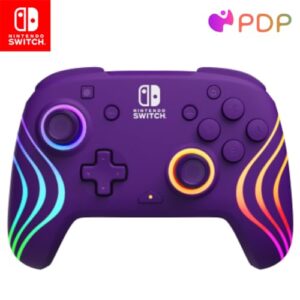 pdp afterglow™ wave enhanced wireless nintendo switch pro controller, 8 colors rgb led, dual programmable gaming buttons, 40 hour rechargeable battery power, officially licensed by nintendo: purple