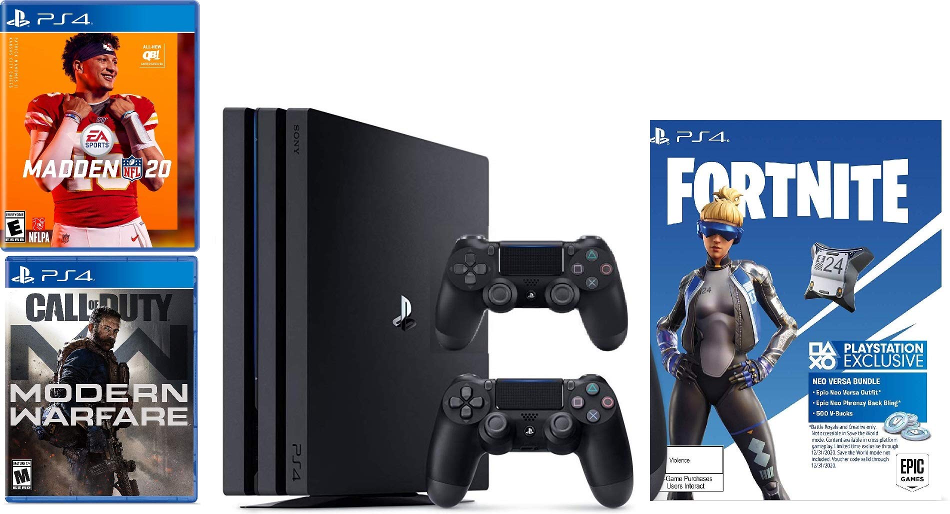 2019 Playstation 4 PS4 Pro 1TB Console + Two Dualshock-4 Wireless Controllers + (Call of Duty: Modern Warfare, Madden NFL 20, Fortnite) Bundle