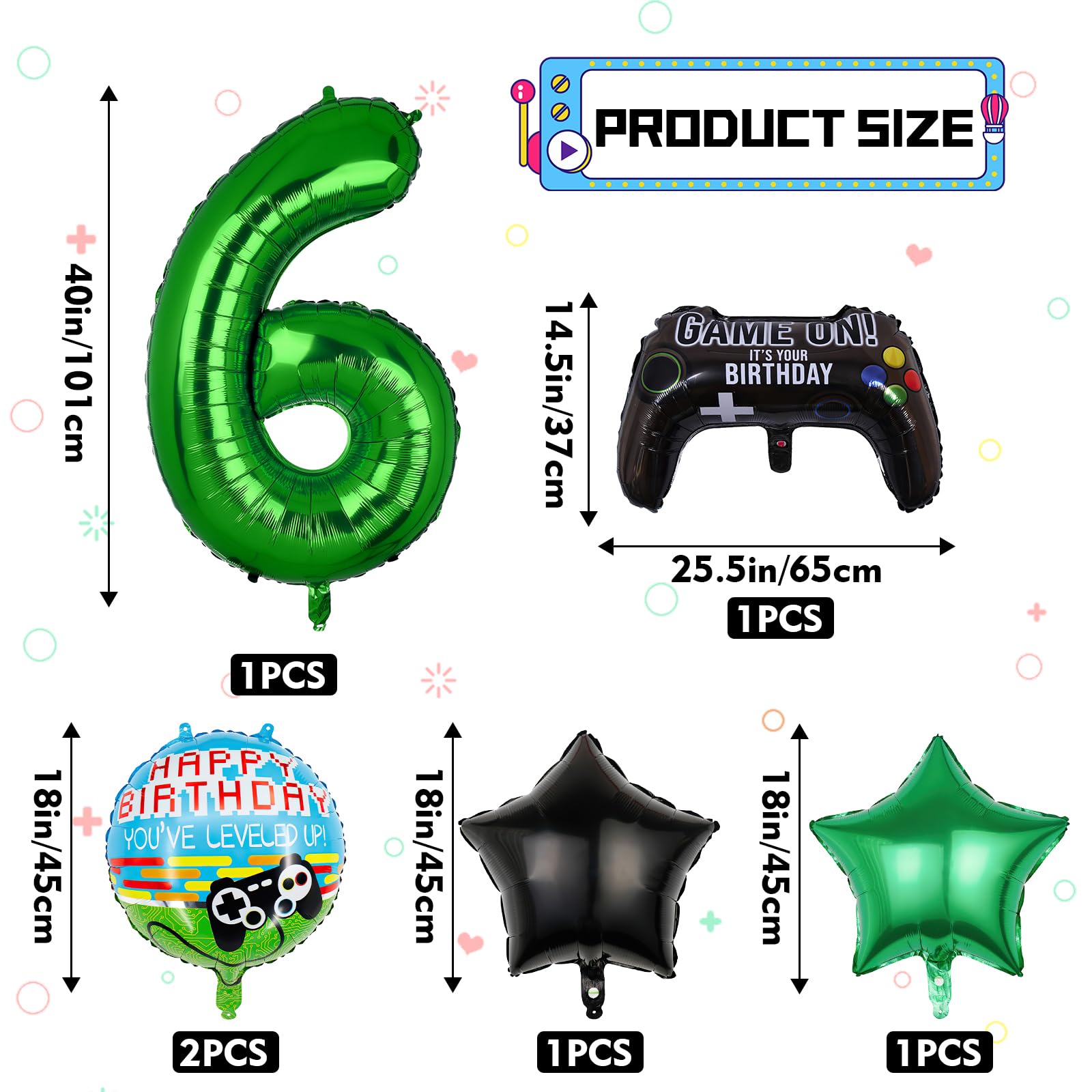 6Pcs Video Game Balloons, Video Game Controller Birthday Number Mylar Foil Balloon, Video Game Party Supplies Game On Birthday Decorations (6th)