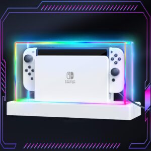 hstop switch dust cover with 16 led colors light base compatible with nintendo switch/oled, acrylic display case anti-scratch waterproof dock cover, accessories for nintendo switch/oled